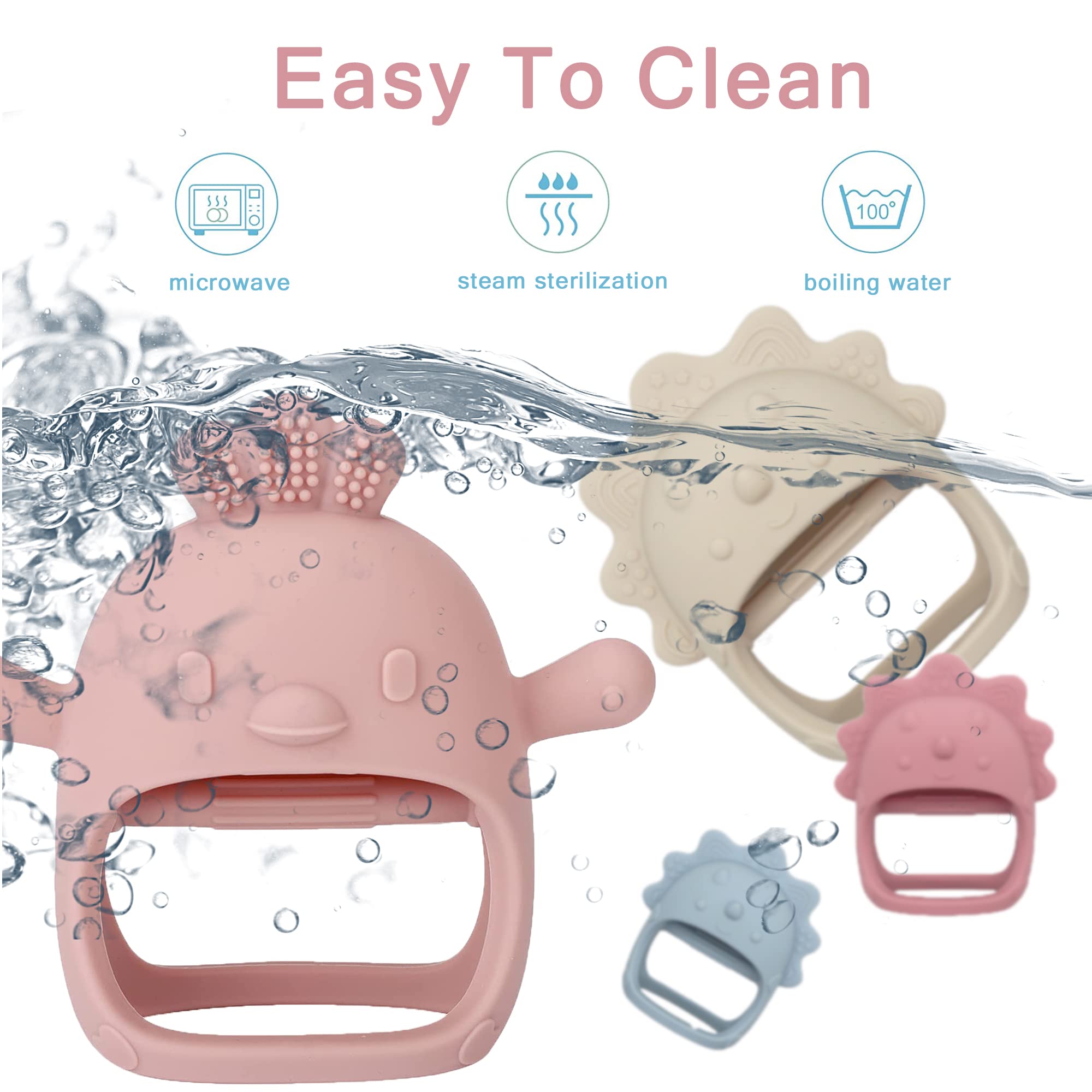 EXGOX Silicone Teether Mitten,Baby Silicone Teething Toys 3D Shape Silicone Teether Gloves for Sucking Needs and Prevent Finger Sucking Massages Gums, for Over 12 Months Breast Feeding Baby (Pink)
