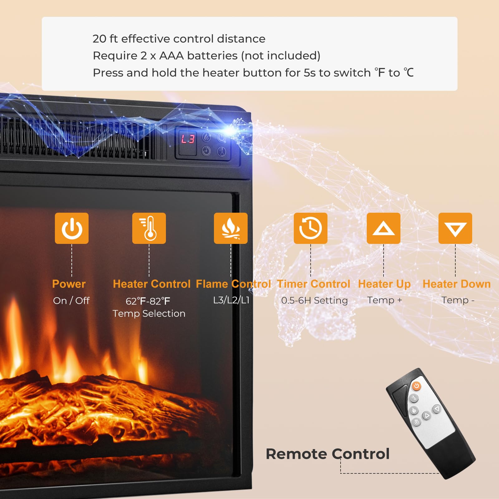 GOFLAME Fireplace TV Stand with LED Lights for TV up to 65β, Entertainment Center with 18β Electric Fireplace, Remote & APP Control, TV Console with Adjustable Glass Shelves (Black)