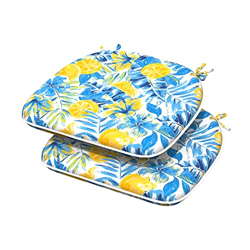 TWLEAR Indoor/Outdoor Chair Cushions 16x17 inch, Patio Chair Pads with Ties, All Weather Seat Cushions for Patio Funiture Home Garden Chair Use, Set of 2, Lemon Blossom Blue