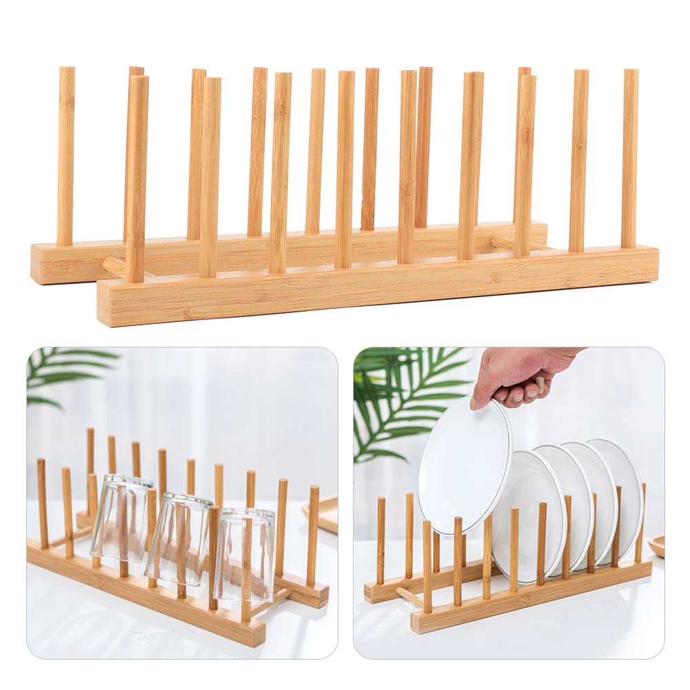 Fdit Bamboo Dish Rack Plates Holder Kitchen Storage Cabinet Organizer for Cup Pot Lid Cutting Board Countertop Organization