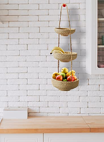 Serene Spaces Living Hanging Raffia Baskets for Your Kitchen – 3 Fair Trade Handmade Decorative Storage Baskets from Madagascar for Fruit and Vegetables