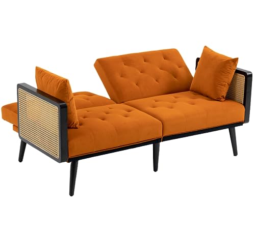 Lin-Utrend Velvet Loveseat Sofa with Rattan Armrest,61" Convertible Futon Sofa Bed,Sleeper Sofa Couch Loveseat for Small Space,Living Room,Apartment