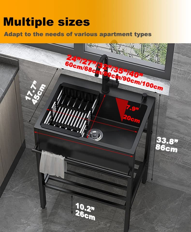 Stainless steel black utility sink, stainless steel, kitchen sink,Eco-friendly paint-free integrated sink with drainer basket, pull-out faucet, drainpipe and filter basket, (Size : 17.7"*32"(45cm*80c