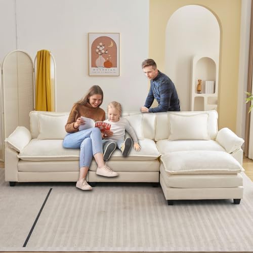 Oprisen Modular Sectional Sofa, Comfy Cloud Couch Sectional Sofa with Ottoman, Chenille Sofa Sleeper Deep Seat Sofa with Throw Pillows for Living Room (Beige, 120"- L Shape)