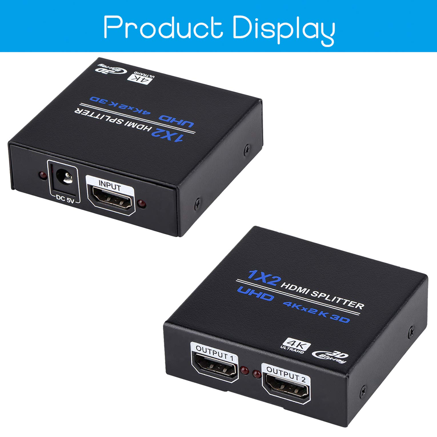 Enbuer 1x2 HDMI Splitter, 1 in 2 Out HDMI Splitter Audio Video Distributor Box Support 3D & 4K x 2K Compatible for HDTV, STB, DVD, Projector Etc