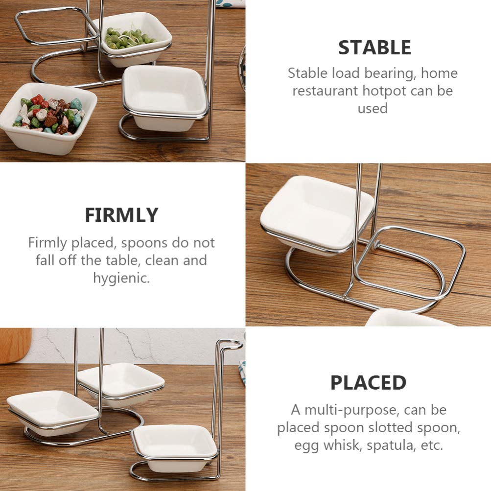 DOITOOL White Ceramic Double Ladle Spoon Rest Holder with Stainless Steel Rack Upright Utensil Holder for Stovetop Kitchen Counter Organization
