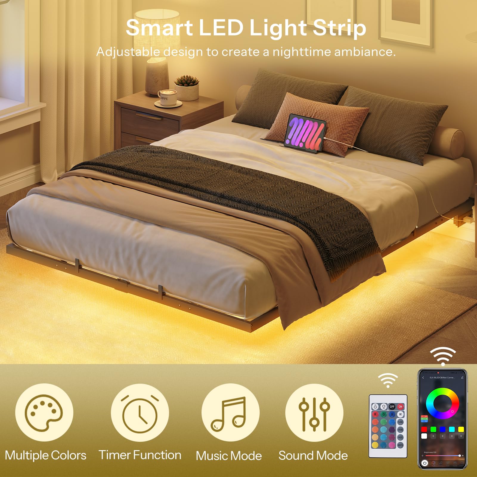 HOOBRO Floating Bed Frame King Size, Bed Frame with Charging Station and LED Lights, Industrial Style Metal Platform King Bed, Soundless, No Box Springs Needed, Black