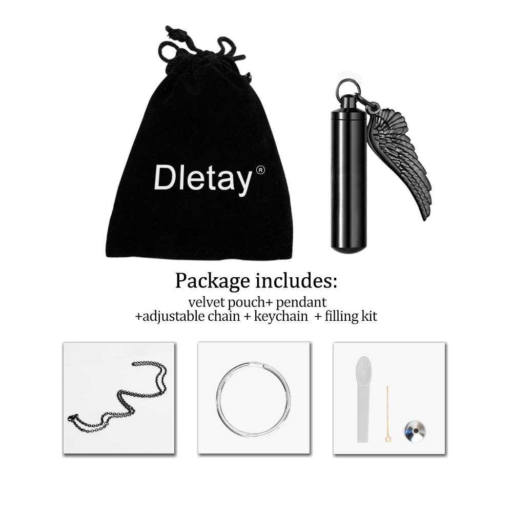 Dletay Cylinder Cremation Urn Necklace for Ashes Memorial Keepsake Pendant with Angel Wing Stainless Steel Remembrance Jewelry(Black)