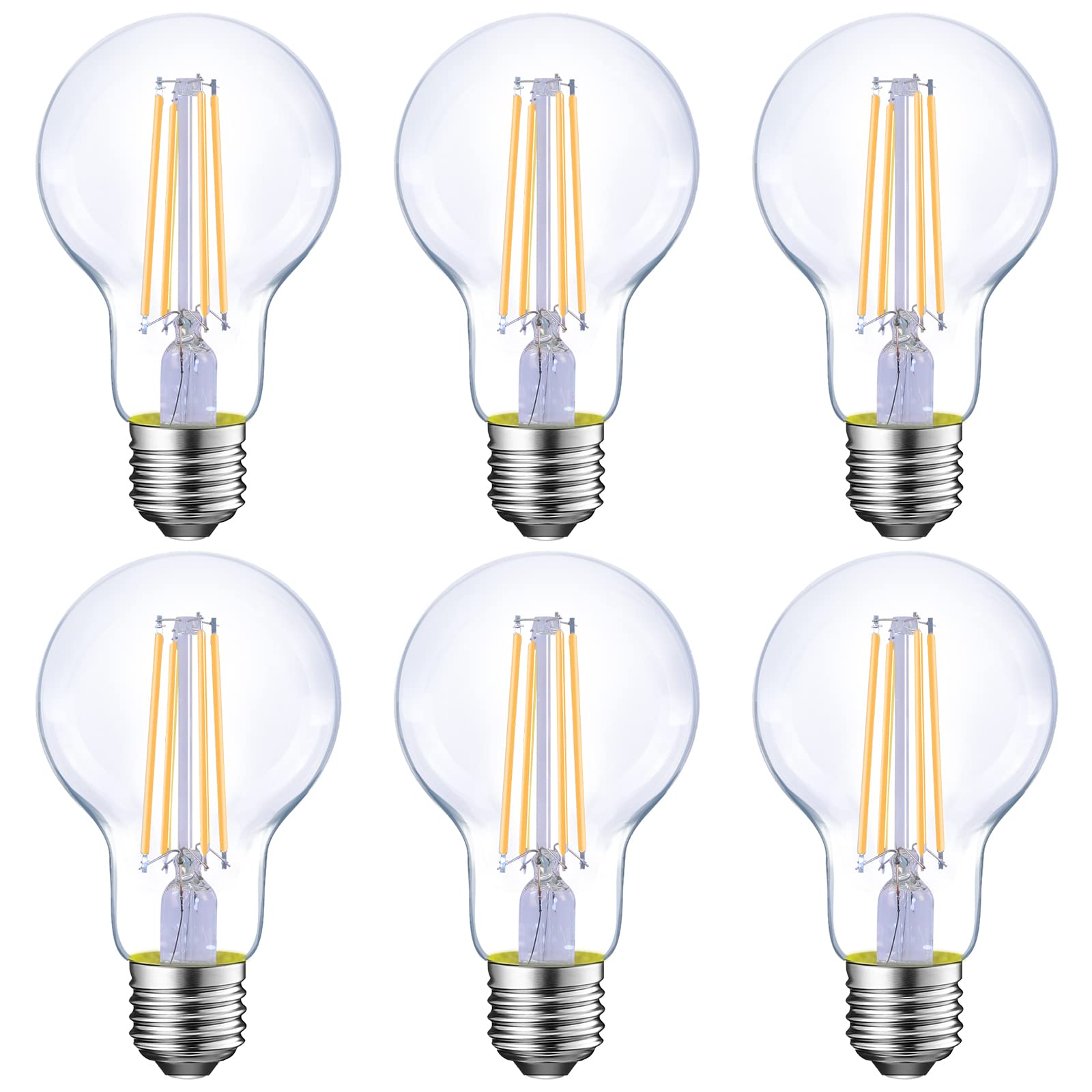 Energetic Dimmable LED Filament Light Bulbs, 8W, 60 Watt Equivalent, Warm White 3000K, Classic Clear Glass, A19 LED Light Bulb, 6 Pack