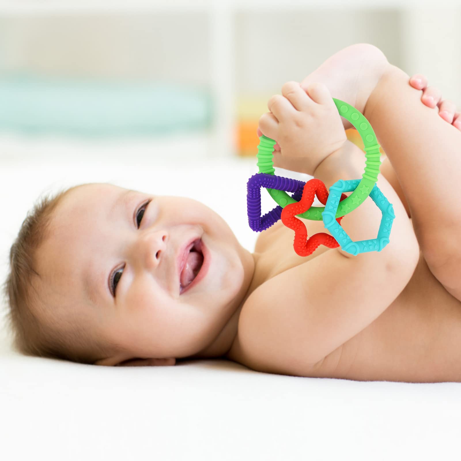 Teething Ring Toys for Babies 6+ Months, Btrfe Baby Soft Silicone Teether with Multiple Raised Textures, Teething Relief, Soothing Gums, Colorful Ring Geometry