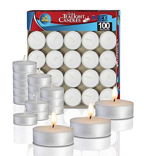 Tea Light Candles - 100 Bulk Pack - White Unscented Travel, Centerpiece, Decorative Candle - 4.5 Hour Burn Time - Pressed Wax - by Ner Mitzvah