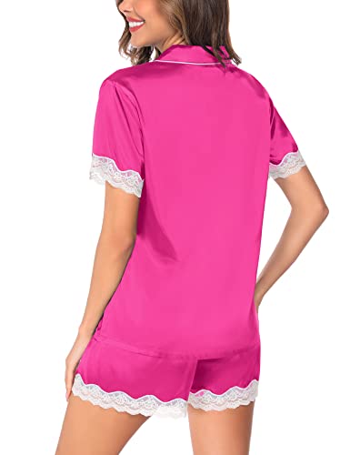 SWOMOG Women's Silk Lace Pajama Sets Satin Button Down Pjs Lace Shorts 2 Pcs Sleepwear Bridal Party Lounge Set with Pockets Red Rose