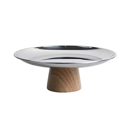 SUSOSU Breakfast Tray Stainless Steel Round Storage Tray with Wood Base Desktop Kitchen Serving Plate (Color : Small)