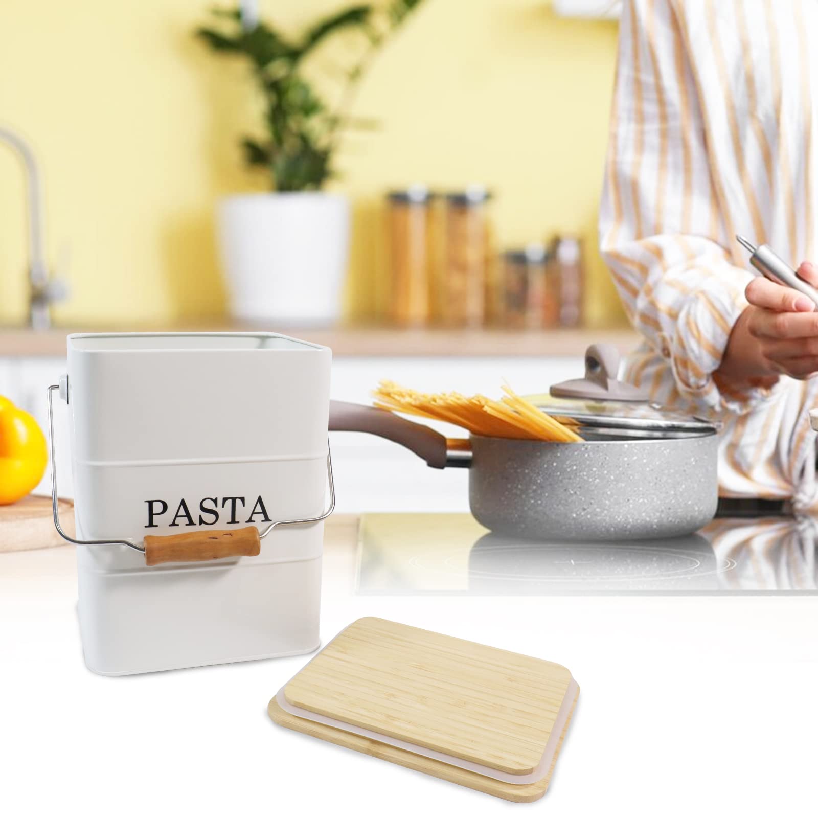 Gdfjiy Spaghetti Canister, White Metal Pasta Storage Container with Sealed Bamboo Lid & Portable Handle, Pasta Keeper Spaghetti Containers Storage for Pantry Organization