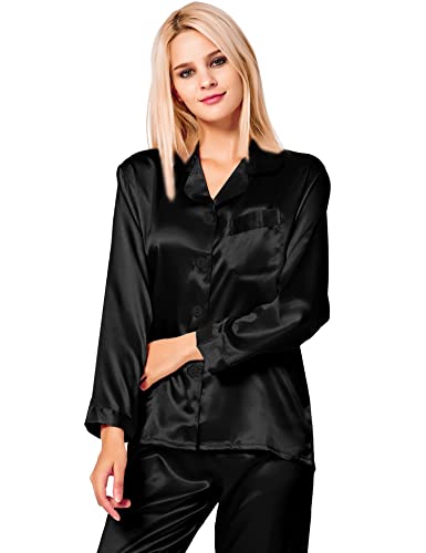 SWOMOG Women‘s Silk Satin Pajamas Set Long Sleeve Sleepwear Button Down Pjs Loungewear with Pocket Black
