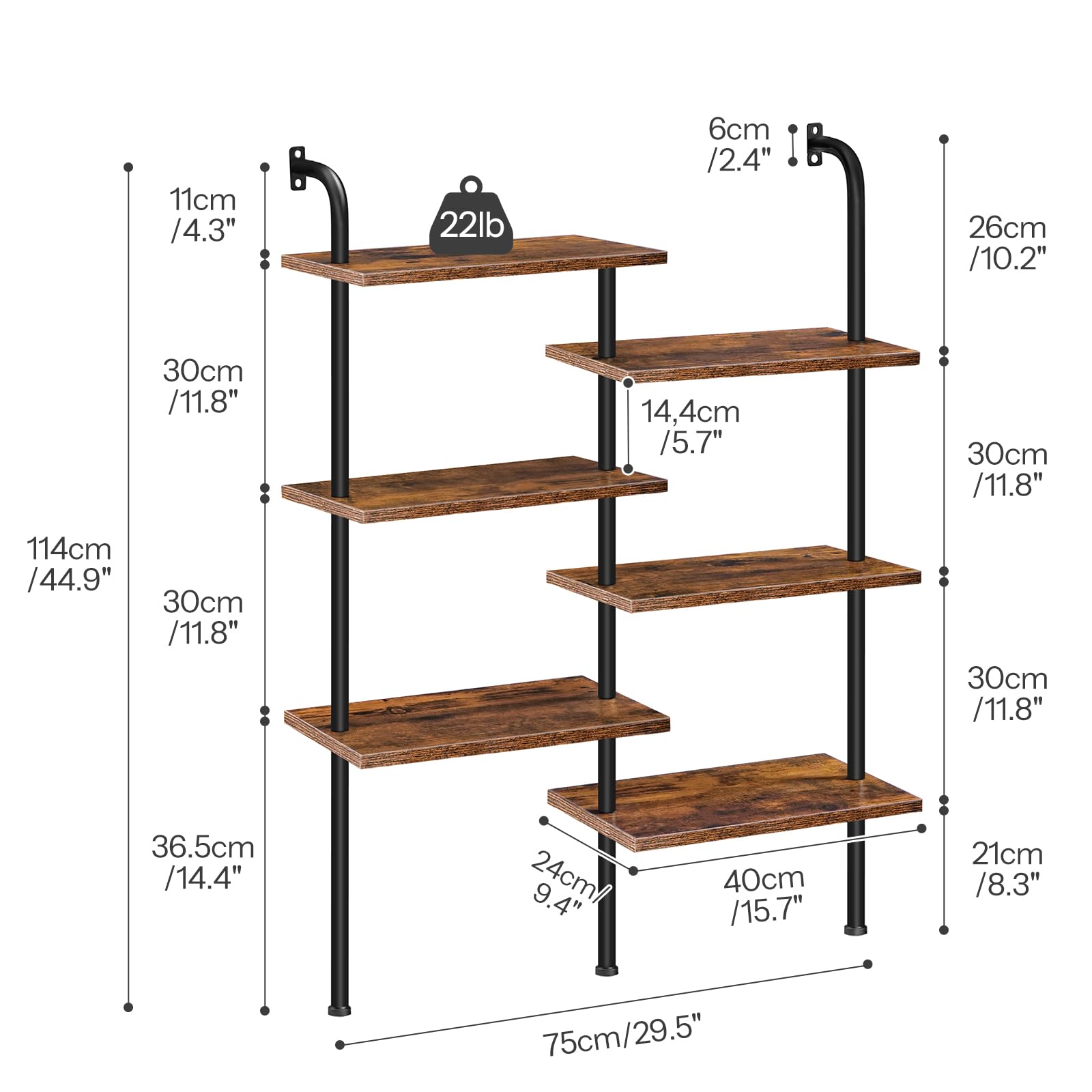 HOOBRO L-Shaped Ladder Shelf, 6-Tier Corner Bookshelf, Corner Wall Mount Bookcase, Display Shelf for Small Spaces, Anti-Tip Design, for Living Room, Balcony, Study, Rustic Brown and Black BF76CJ01