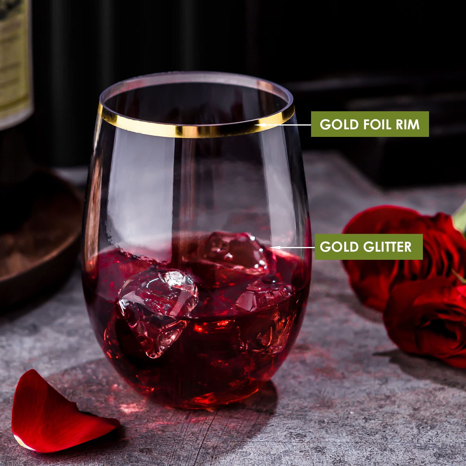 eventpartener 20 Pack Disposable Stemless Wine Glasses, 16 OZ Plastic Wine Cups, Gold Rim Unbreakable Wine Glasses, Whiskey Cocktail Glasses, Shatterproof Clear Drinking Glasses for Party, Wedding