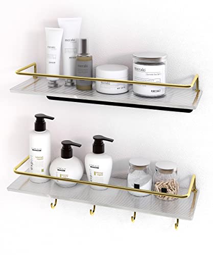 Mazjoaru Floating Shelves Acrylic Bathroom Shelves Set of 2, 16inch Wall Shelves with Gold Metal Towel Hook, Storage Shelves for Bathroom Living Room Bedroom