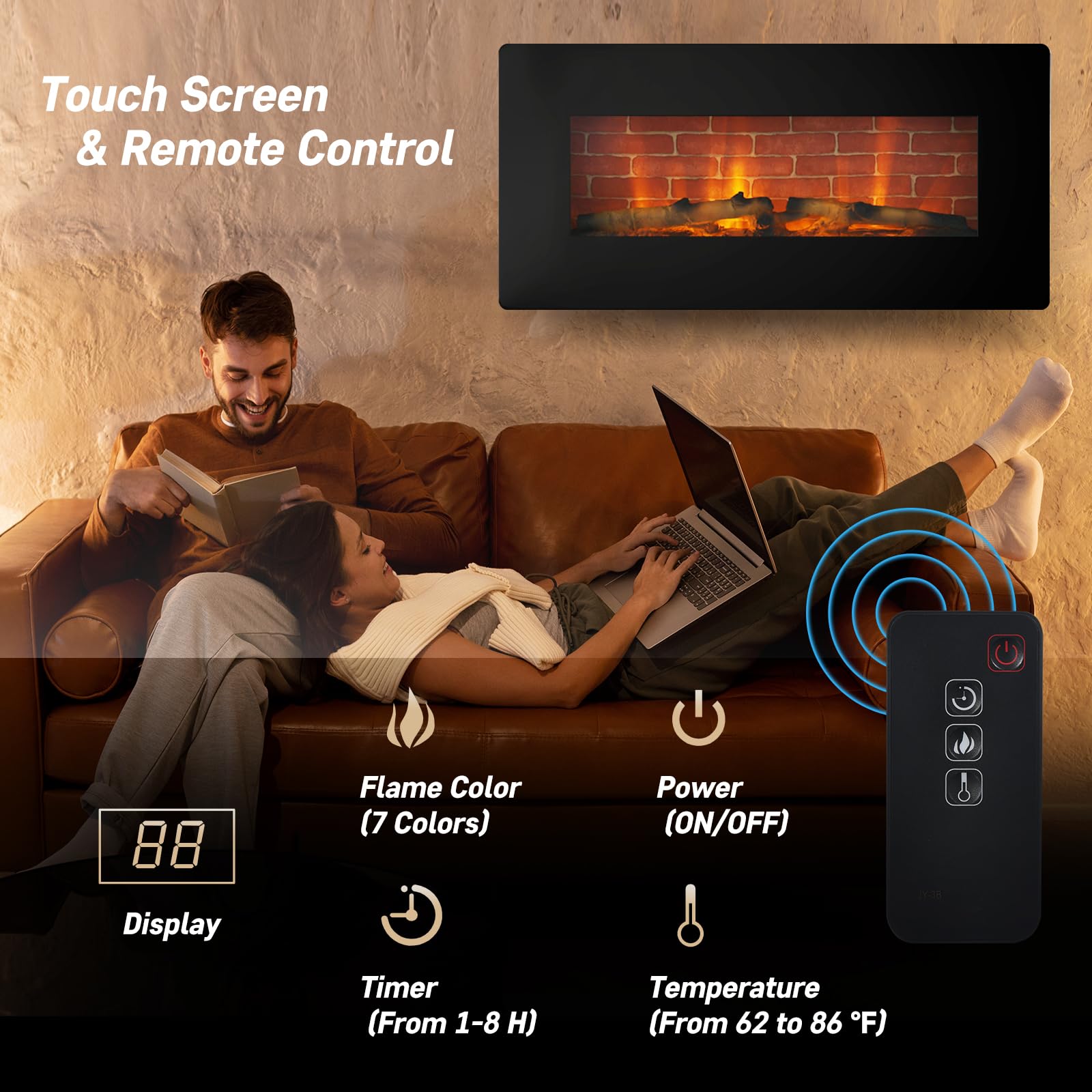 ELECWISH Electric Fireplace, 36 Inch Fireplace Heater Wall Mounted and Freestanding with Remote Control, Adjustable 7 Flame Colors, Temperature and Timer, 1500W