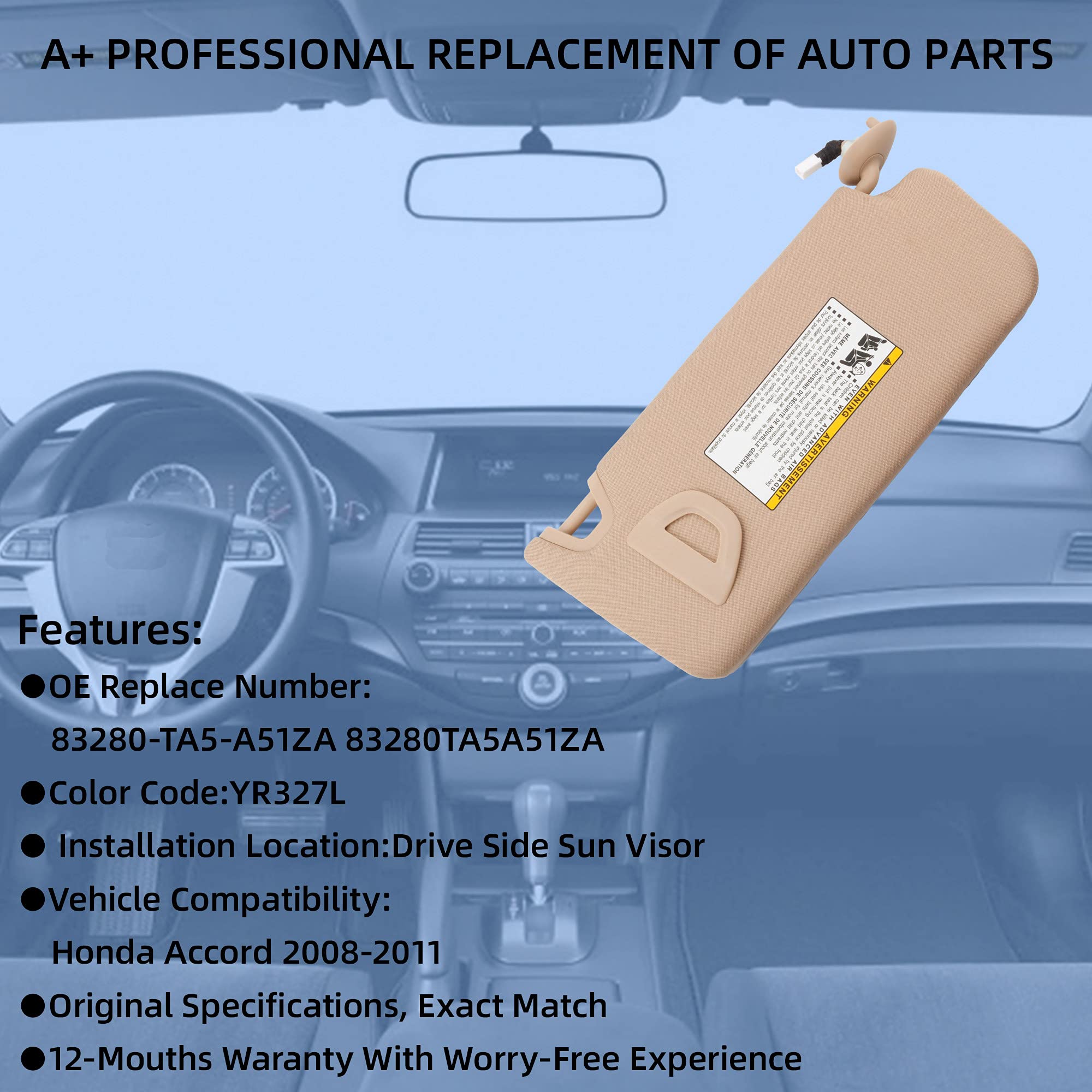 Dasbecan Beige Left Driver Side Sun Visor with Light Compatible with Honda Accord 2008 2009 2010 2011 2012 Replaces# 83280-TA5-A51ZA 83280TA5A51ZA