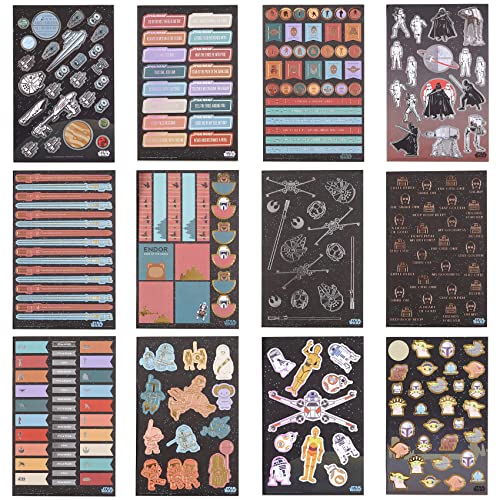 Star Wars x Erin Condren Classic Sticker Book - 254 Stickers Total. 12 Mixed Metallic Sticker Sheets. 5" x 7.75". Fun and Functional Star Wars Designs by Erin Condren.