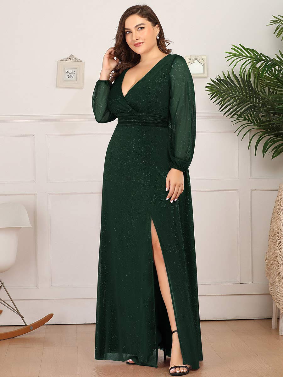 Ever-Pretty Women's Glitter A Line High Slit V-Neck Plus Size Formal Gowns and Evening Dresses Dark Green US16
