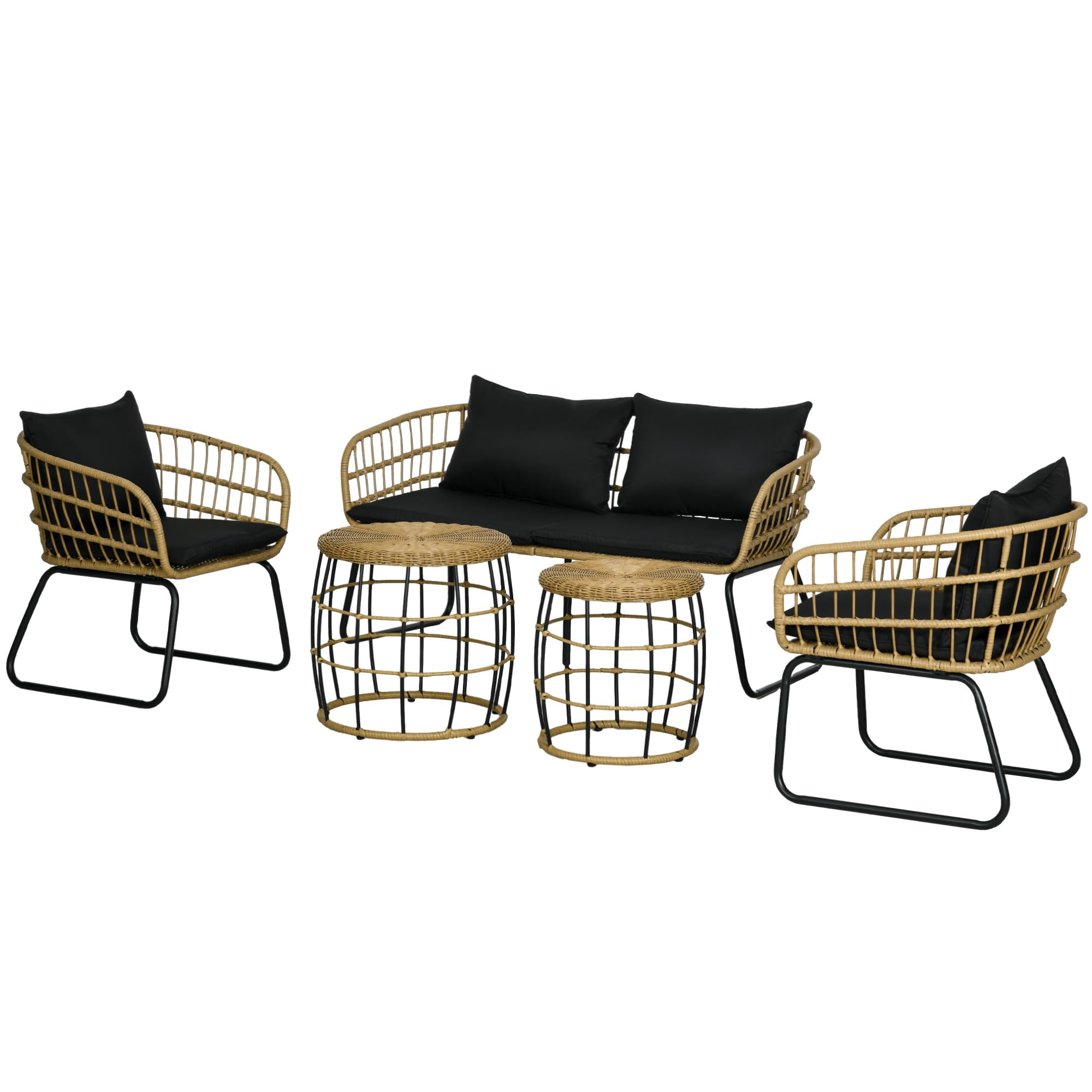 Outsunny 5 Piece PE Rattan Outdoor Furniture Set with Cushioned Chairs & Loveseat Sofa, Patio Sectional Furniture Set, Conversation Sofa Set with Stackable Coffee Tables, Black