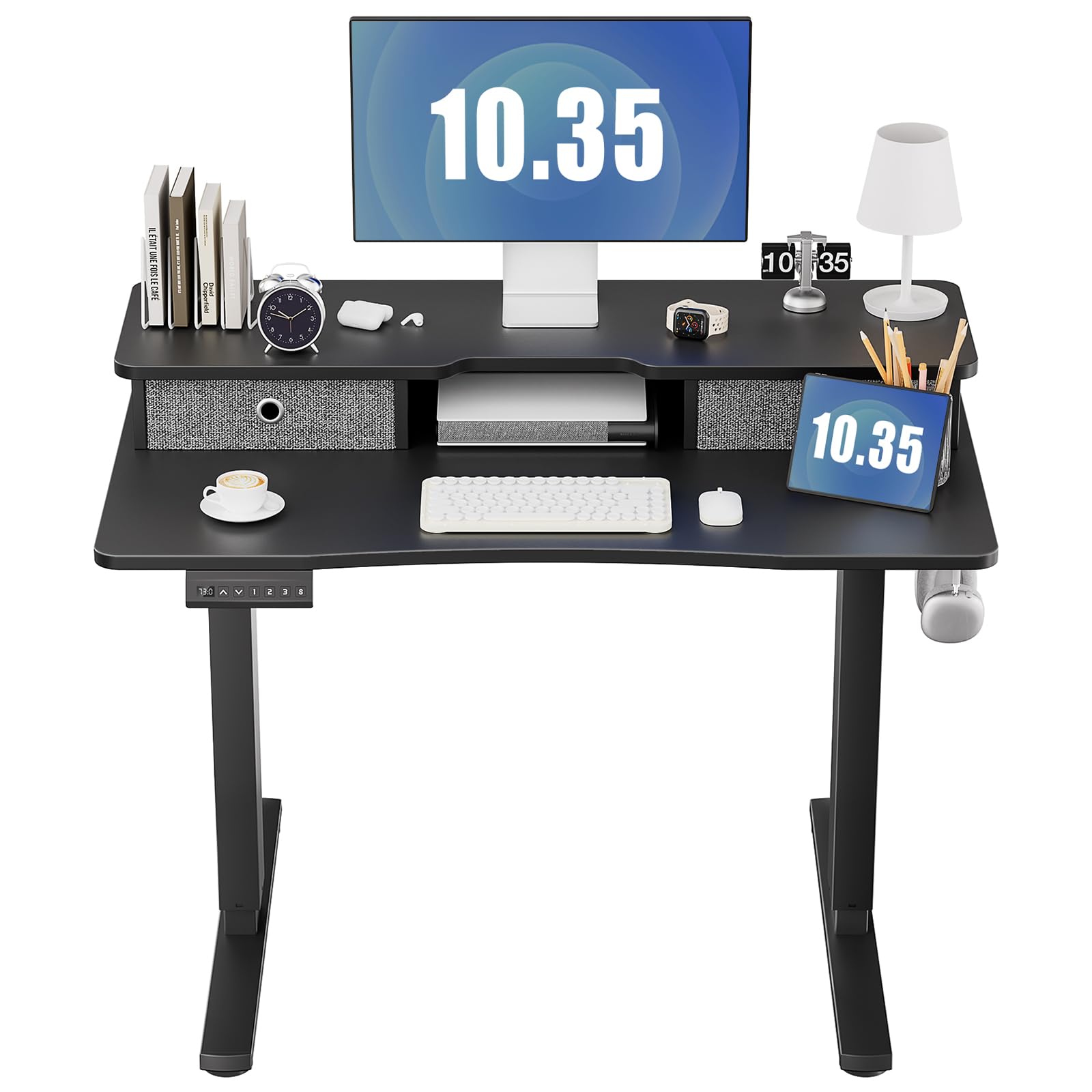 DUMOS 40 Inch Electric Standing Desk with Double Drawers Height Adjustable Sit Stand Up PC Work Table Ergonomic Rising Home Office Computer Workstation with Storage Shelf