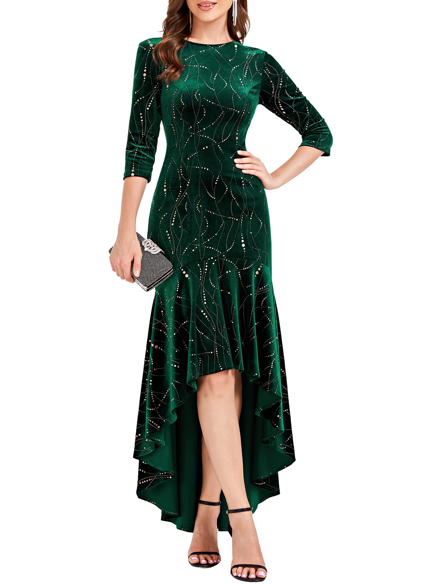 Ever-Pretty Women's Velvet 3/4 Sleeve High-Low Mermaid Plus Size Gorgeous Evening Dress Green US16