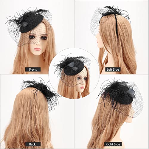 DRESHOW Fascinator Hat Cocktail Tea Party Bow Hat Netted Pillbox Hat with Hair Clip and Headband for Women and Girls