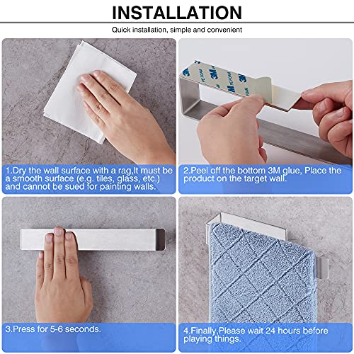 Stainless Steel Hand Towel Bar - Self Adhesive Towel Rack Stick on Wall, SUS-304 Brushed Towel Holder, Strong Sticky Towel Ring, Contemporary Style Towel Hanger No Drilling