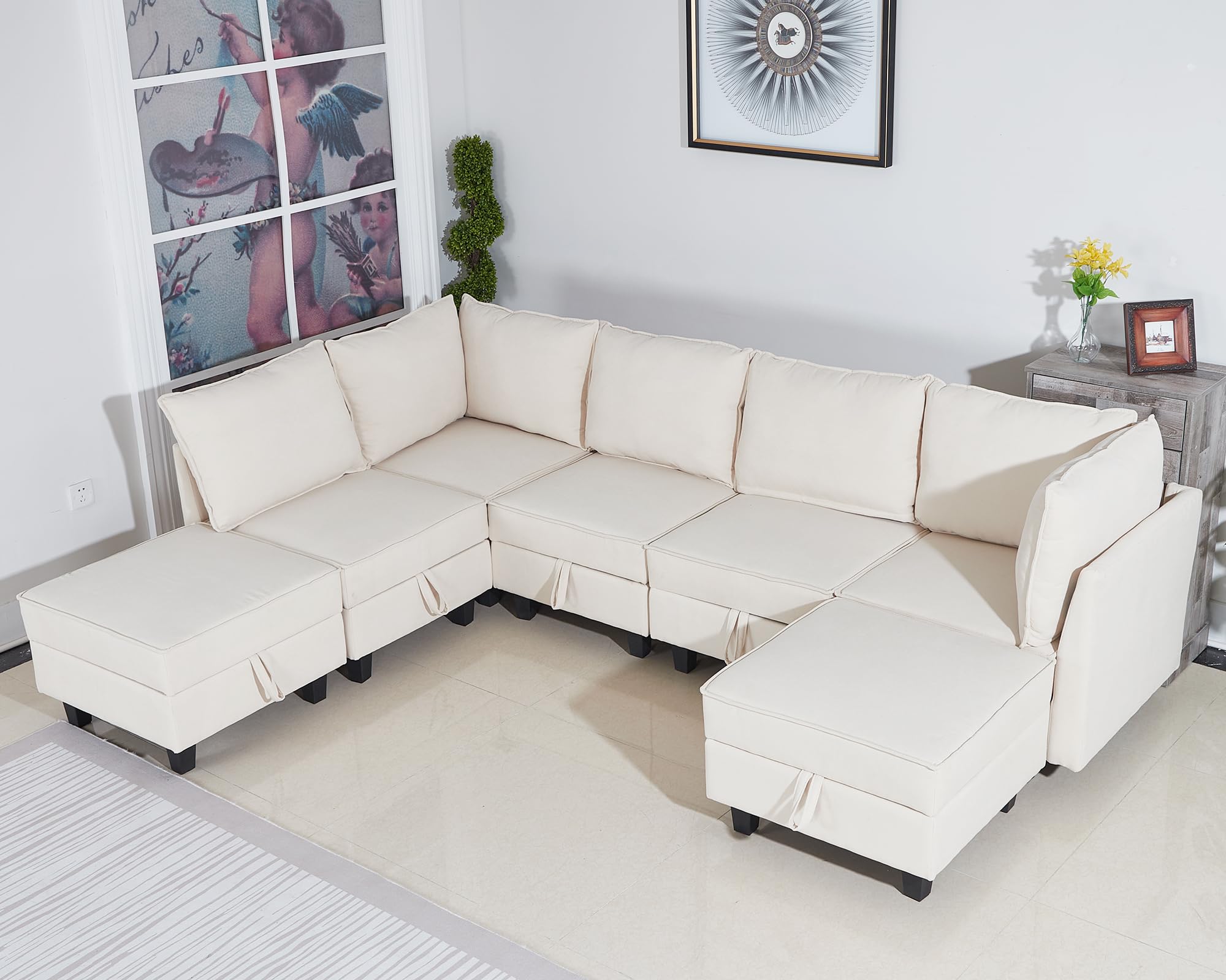 Neylory Modular U-Shaped Sectional Sofa, Oversized 7 Seater Sectional Couch with Storage Seat & Ottoman, Convertible Sleeper Sofa for Living Room, Beige