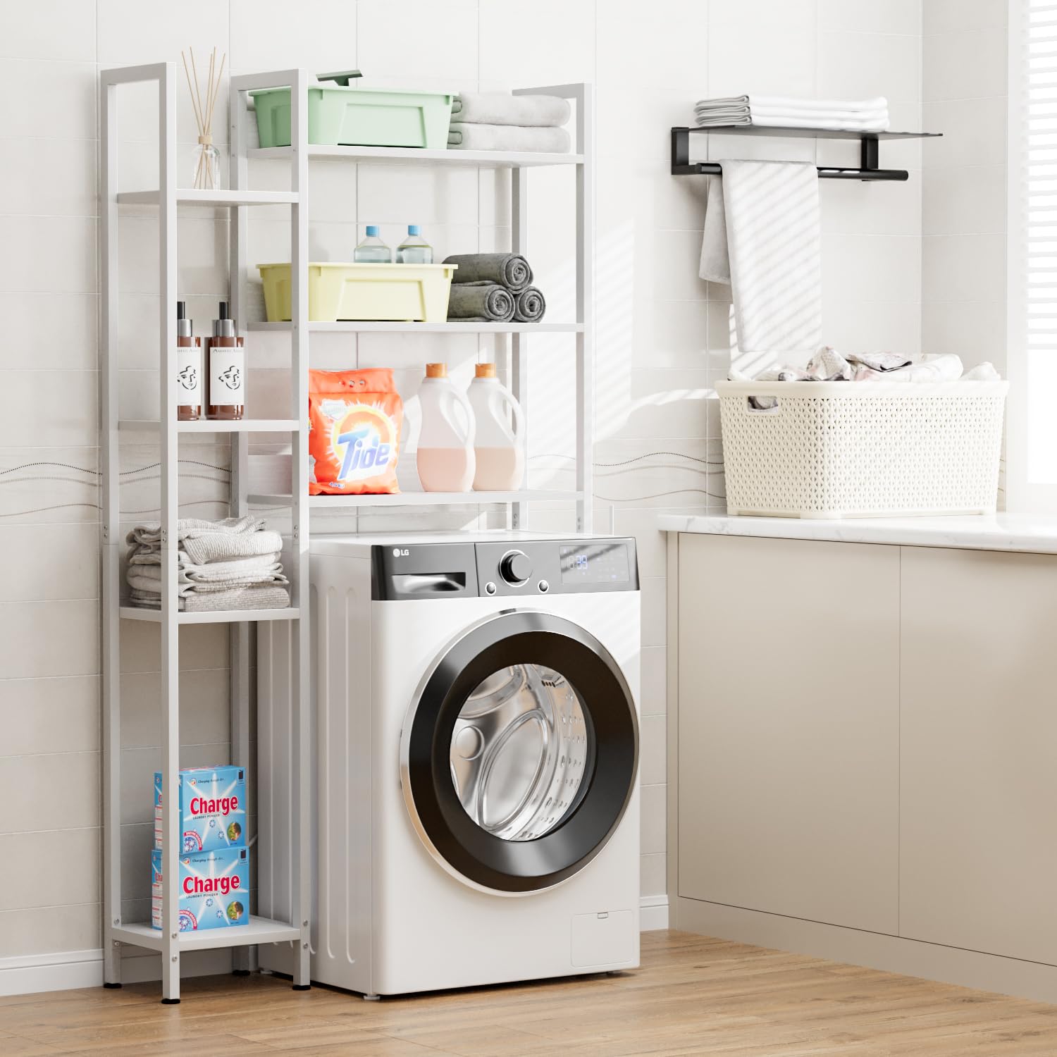 OTK Over-The-Toilet Storage with 7-Tier Bathroom Organizer Shelf, Side Storage Open Shelf, Freestanding Space Saver with Hooks & Adjustable Feet, Toilet Rack for Bathroom, Restroom, Laundry, White