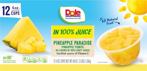 Dole Pineapple Paradise Pineapple Tidbits in a Blend of 100% Fruit Juices Snacks, 4oz 12 Total Cups, Gluten & Dairy Free, Bulk Lunch Snacks for Kids & Adults
