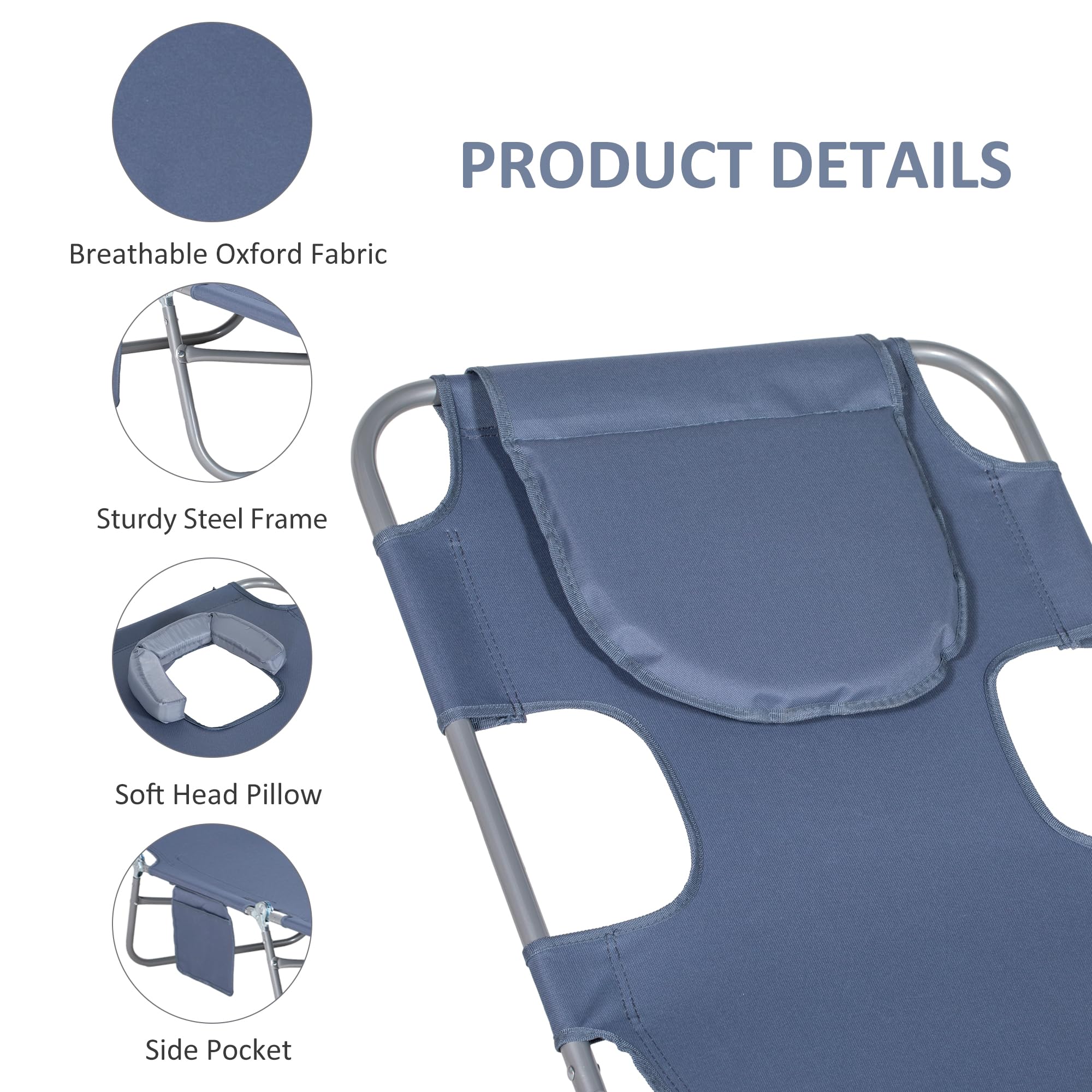 Outsunny Folding Beach Lounge Chair with Face Hole and Arm Slots, 5-Level Adjustable Sun Lounger Tanning Chair with Pillow for Patio, Garden, Beach, Pool, Gray