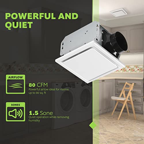 Homewerks 7140-80 Bathroom Fan Ceiling Mount Exhaust Ventilation, 1.5 Sones, 80 CFM, White