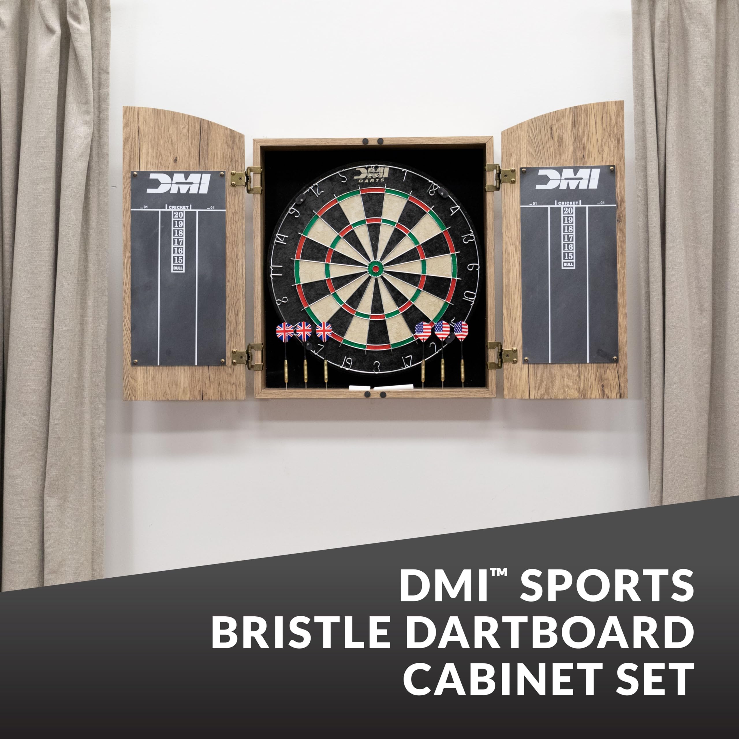 DMI Sports Deluxe Bristle Dartboard Cabinet Set Includes Two Steel Dart Sets with Rustic Rosewood Finish