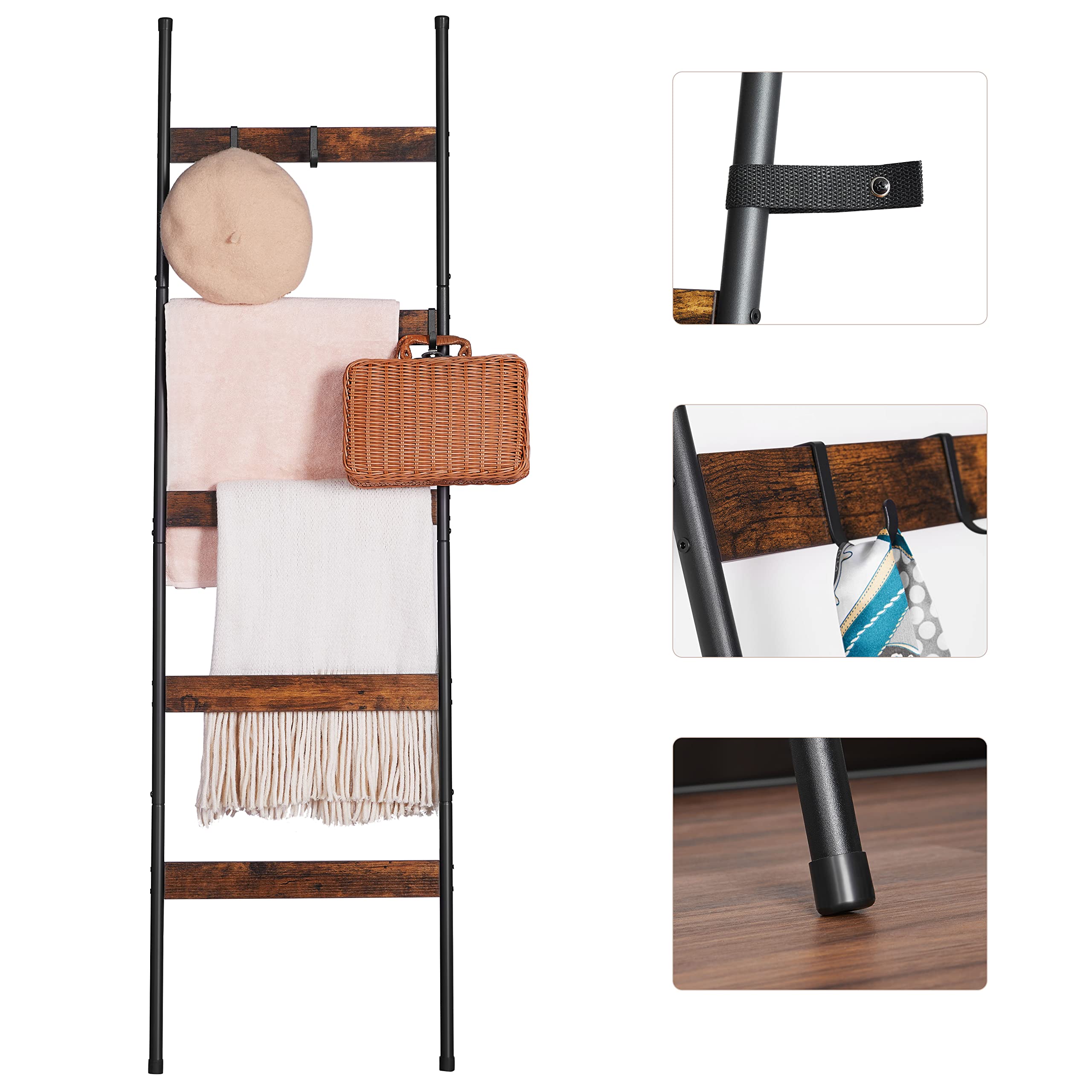 ELYKEN Blanket Ladder for Living Room, Farmhouse 5 -Tier Quilt Holder with 4 Removable Hooks for Bathroom, Wood Towel Rack Display, Wall Anchor Leaning Decorative Stand for Home Decor, Rustic Brown