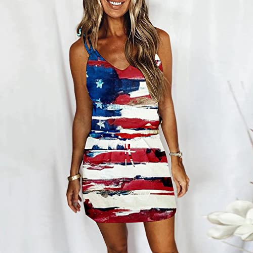 Dressy Women Summer Dress Independence Day Print Striped Spaghetti Strap Mini Beach with Pocket Shirt Maxi Red