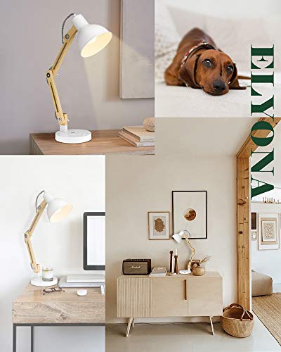 ELYONA White Desk Lamp with Wireless Charger, Solid Wood Table Lamp with USB C Charging Port, Swing Arm Reading Task Light with 5W LED Bulb for College Dorm, Office, Living Room, Bedroom, Farmhouse