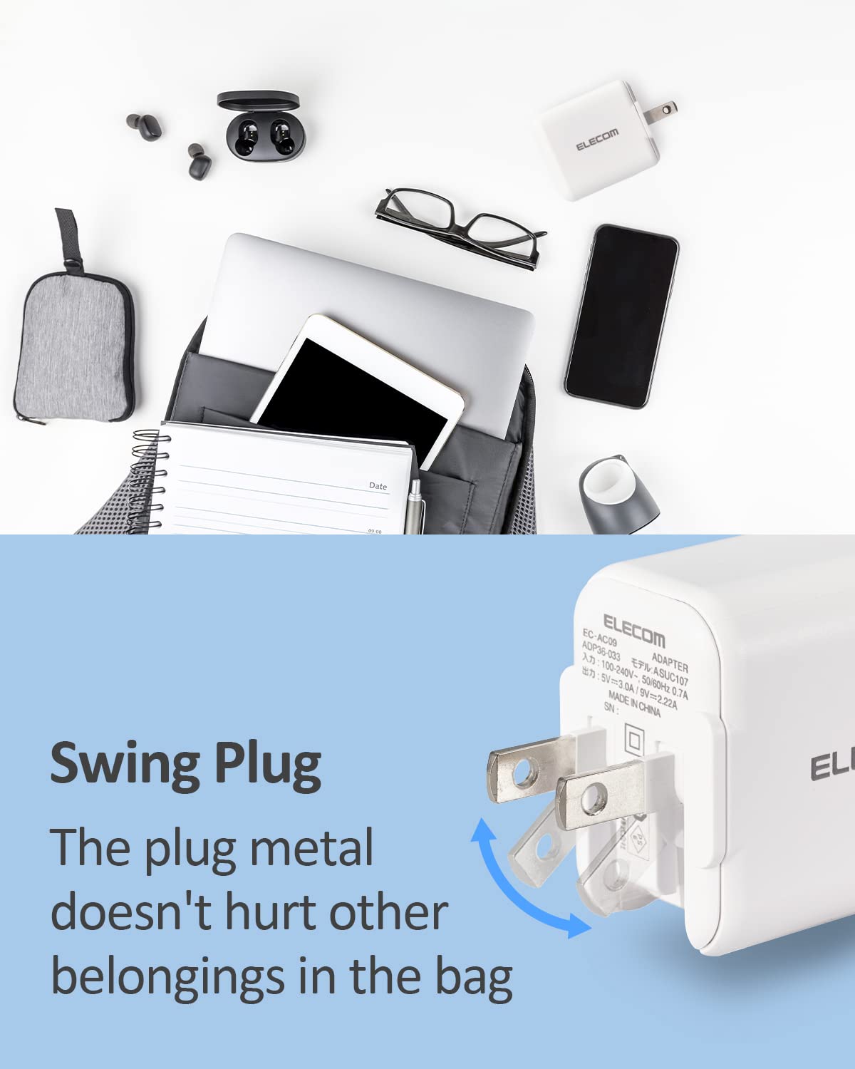 ELECOM USB C Wall Charger 20W Ultra Fast Charging Block, Foldable Plug AC Adapter, Portable Slim Design for iPhone 12/13/14 PRO/PRO MAX, iPad, Mobile Phone, Tablet, Android - White (EC-AC09AWH)