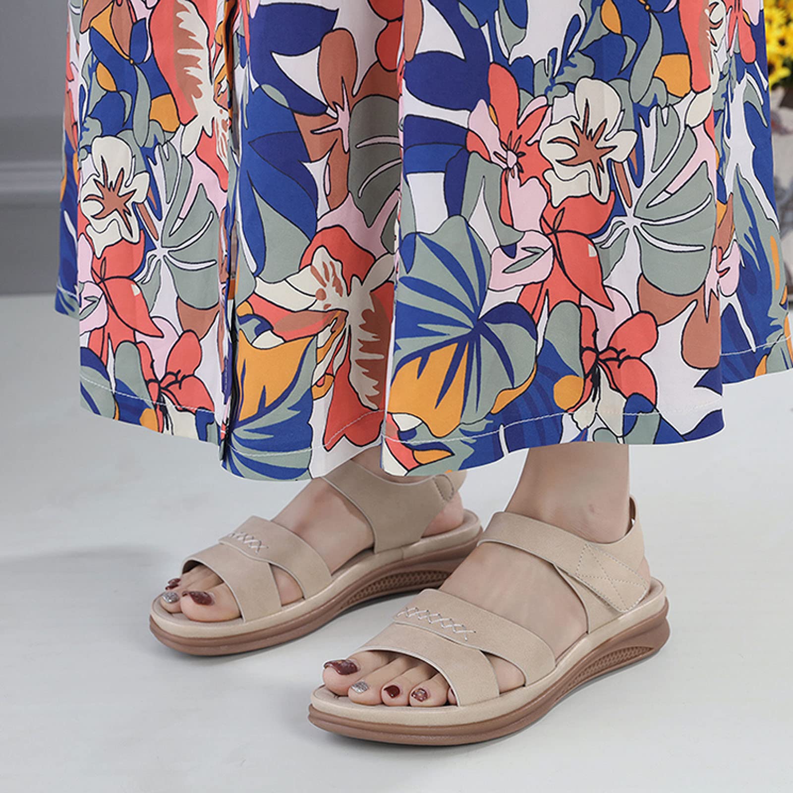 FASDNENDYS Fashion Women Summer Hook Loop Casual Open Toe Wedges Soft Bottom Breathable Shoes Womens Slide Sandals Size 9 Wide
