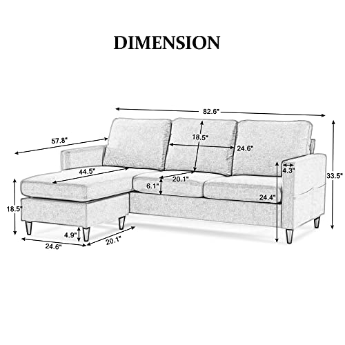 Morhome Rivet Revolve Modern Upholstered Sofa with Reversible Sectional Chaise, Living Room L-Shape 3-Seater Couch, Gray Linen