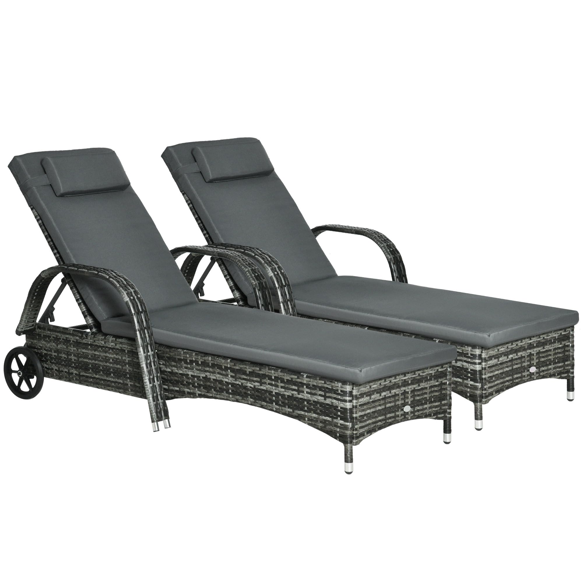 Outsunny Wicker Outdoor Chaise Lounge Set of 2, 5-Level Adjustable Backrest PE Rattan Pool Lounge Chair with Wheels, Cushion & Headrest, Mixed Gray and Charcoal Gray