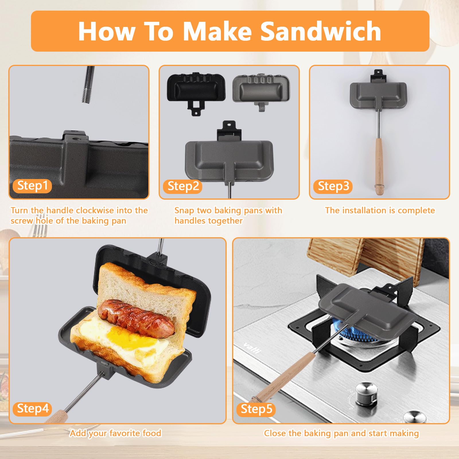 Hot Sandwich Maker, Hot Dog Toaster, Non Stick Breakfast Sandwich Maker Baking Pan, Removable Double-Sided Sandwich Baking Pan for Breakfast Omelets Pancakes, Frittatas and Toast (Black)