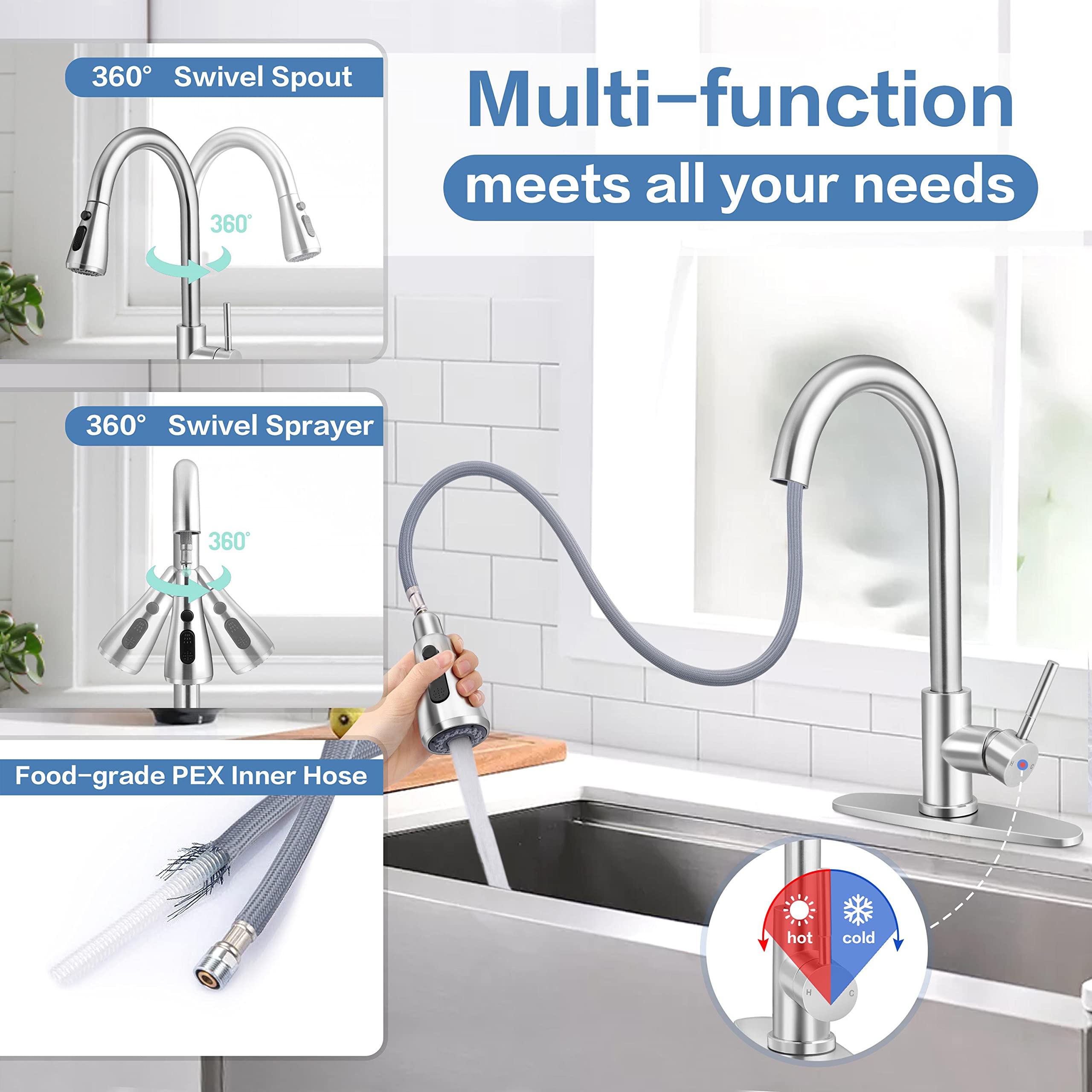 Homikit Kitchen Faucet with Pull Down Sprayer, Brushed Nickel Kitchen Sink Faucets Single Handle, 18/10 Stainless Steel High Arc Kitchen Faucet for Farmhouse RV Bar Laundry Sinks