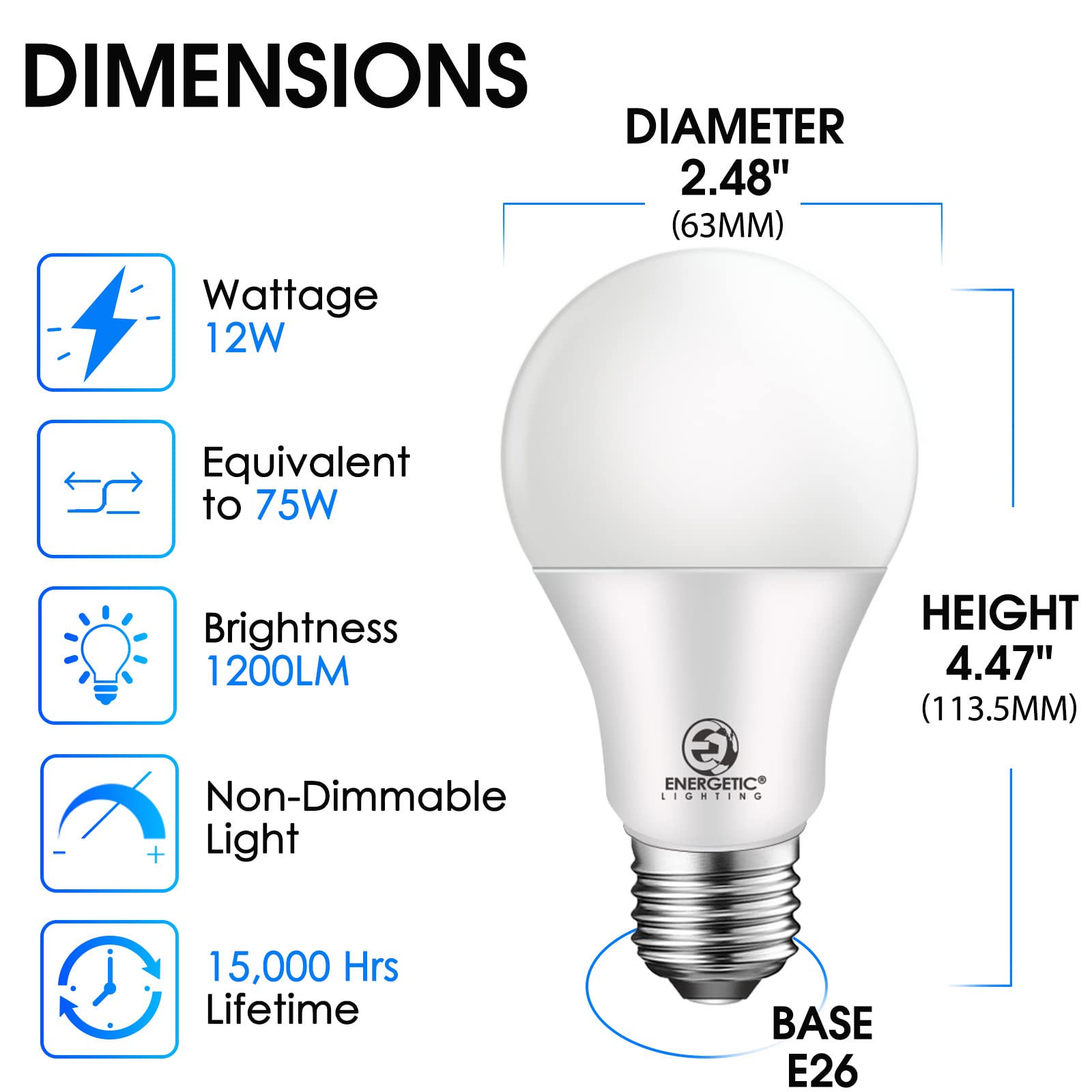 Energetic Light Bulbs 75 Watt, 1200LM Super Brightness, Daylight 5000K, E26 Standard Base, Non-Dimmable A19 LED Light Bulb, UL Listed, 12 Pack
