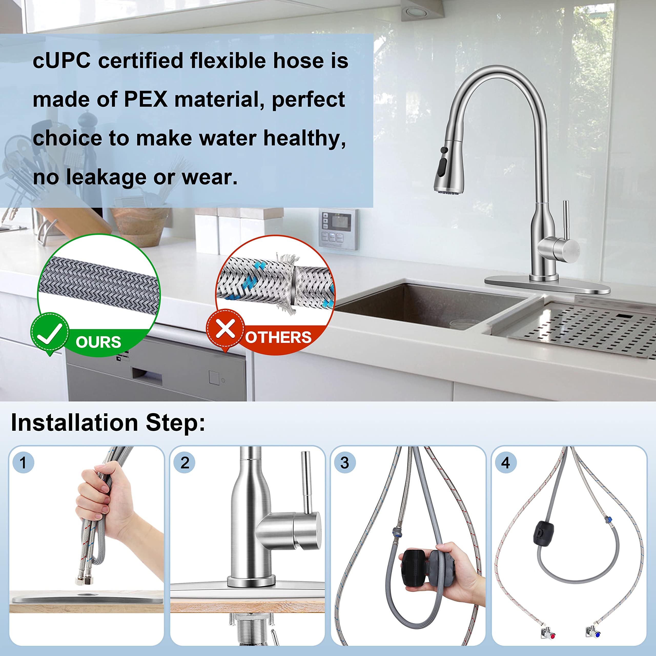 Homikit Kitchen Sink Faucet Brushed Nickel with Pull Down Sprayer, 304 Stainless Steel Kitchen Faucets with Deck Plate for 1 or 3 Hole, High Arc Commercial Faucet for Farmhouse Laundry Utility Rv Bar