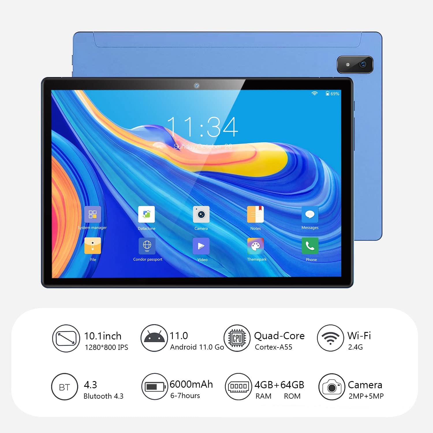 DUODUOGO 10 Inch Tablet Android Tablet 4GB RAM 64GB ROM, 256GB Expandable, Quad-Core Processor, WiFi Android 11 Tablet, Dual Camera, 6000mAh, Bluetooth, FM, GMS Certified (Blue)