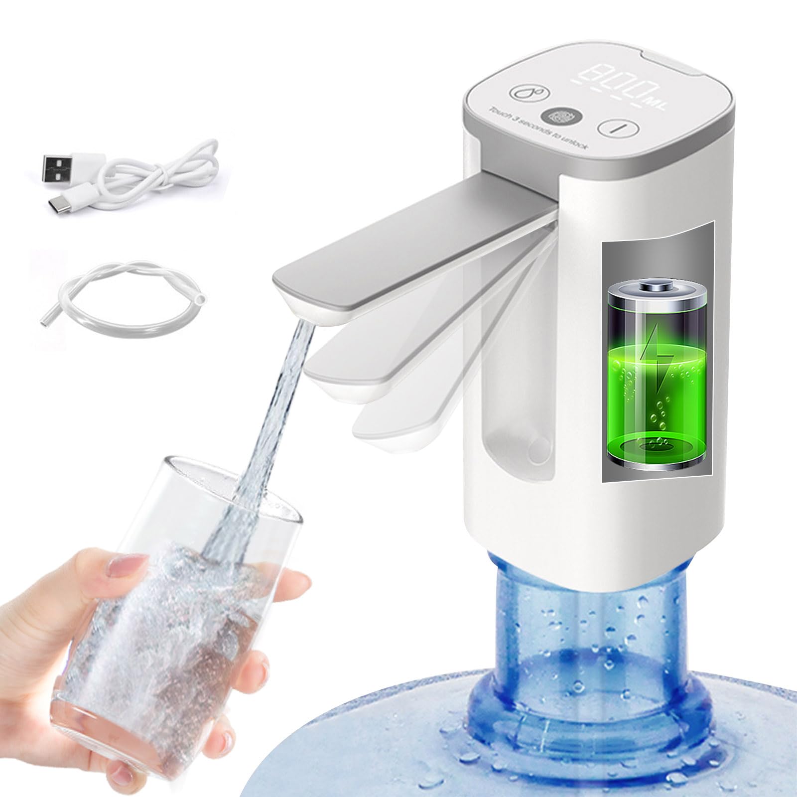 FEERNICH Water Dispenser for 5 Gallon Bottle,Universal Automatic Portable Water Bottle Pump Foldable Electric Drinking Water Pump 1200mAh USB Charging Suitable to Home Office Camp Travel (White)